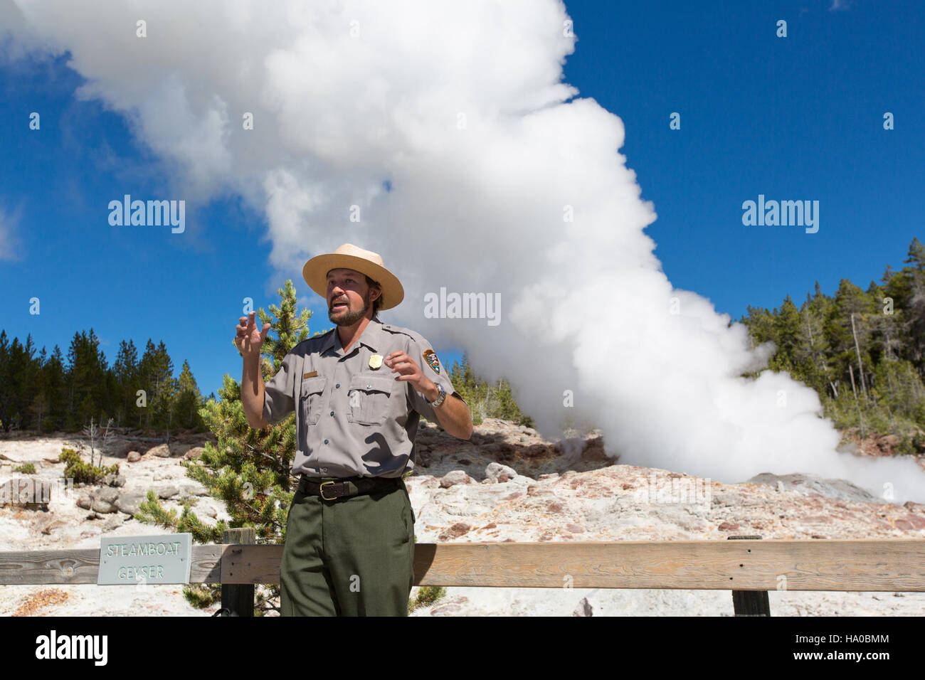 The Steamboat Geyser, located in Yellowstone National Park, erupts in ...