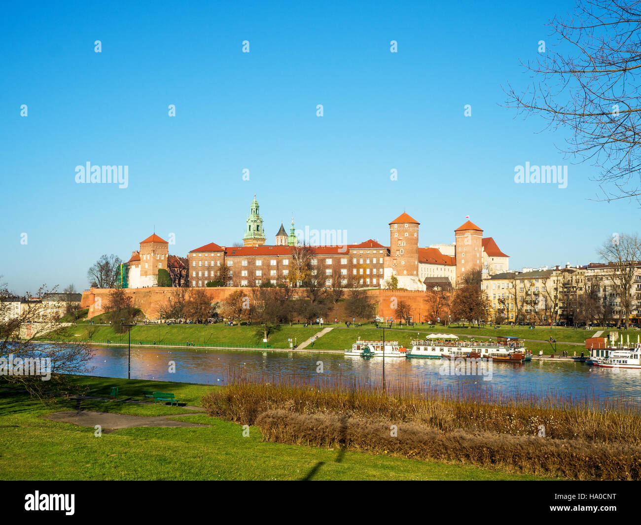 Cracow, Poland. Cityscape with Wawel Hill, defnsive walls, cathedral ...