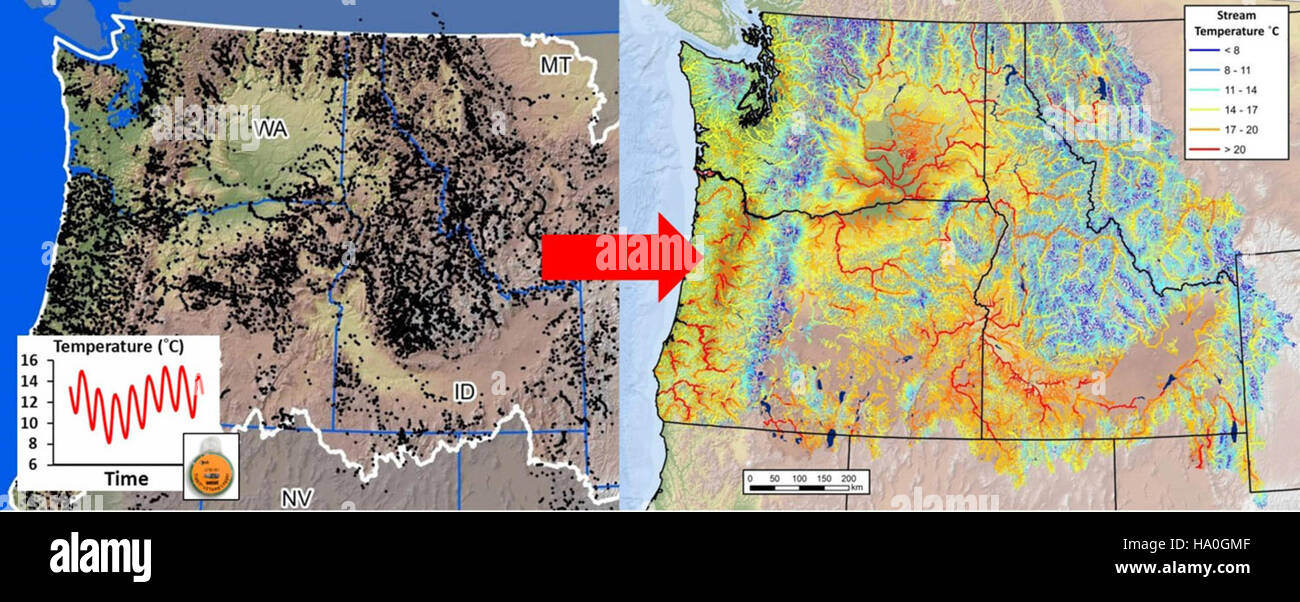 Maps illustrate the study area and locations where stream temperature ...