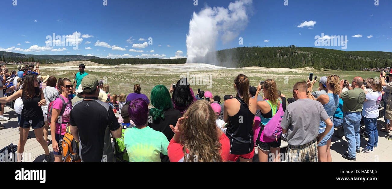 Visitors to Yellowstone National Park gather at the Old Faithful Geyser ...