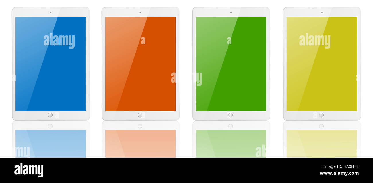 Four tablet computers with color screens. Glass reflection. Isolated on ...
