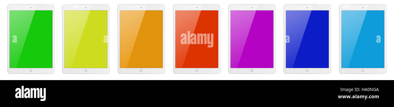 Seven tablet computers with color screens. Isolated on white Stock ...