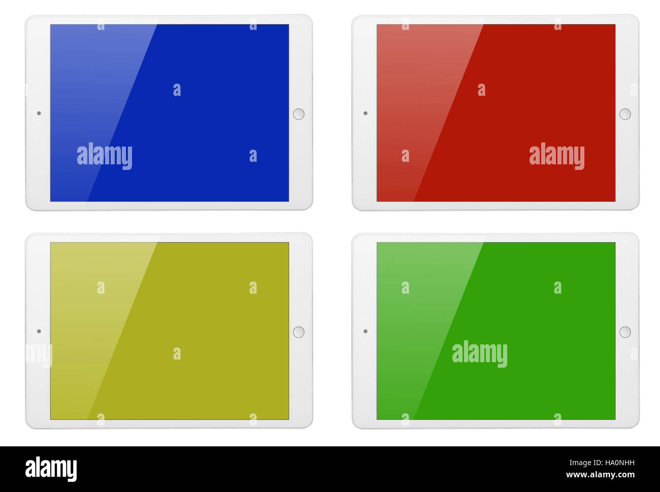 Four tablet computers with color screens. Glass reflection. Isolated on ...