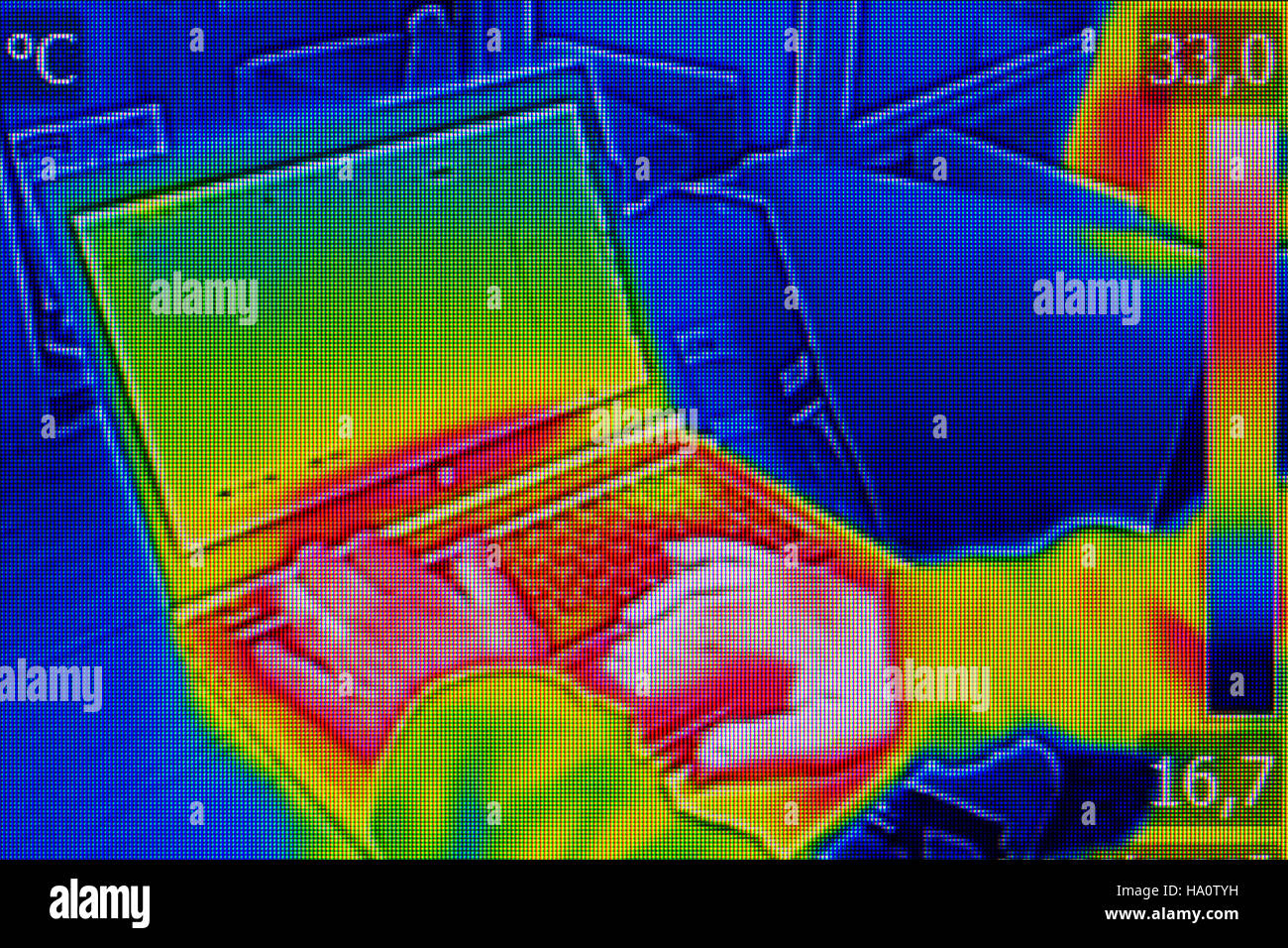 Infrared thermography image showing the heat emission when man used ...