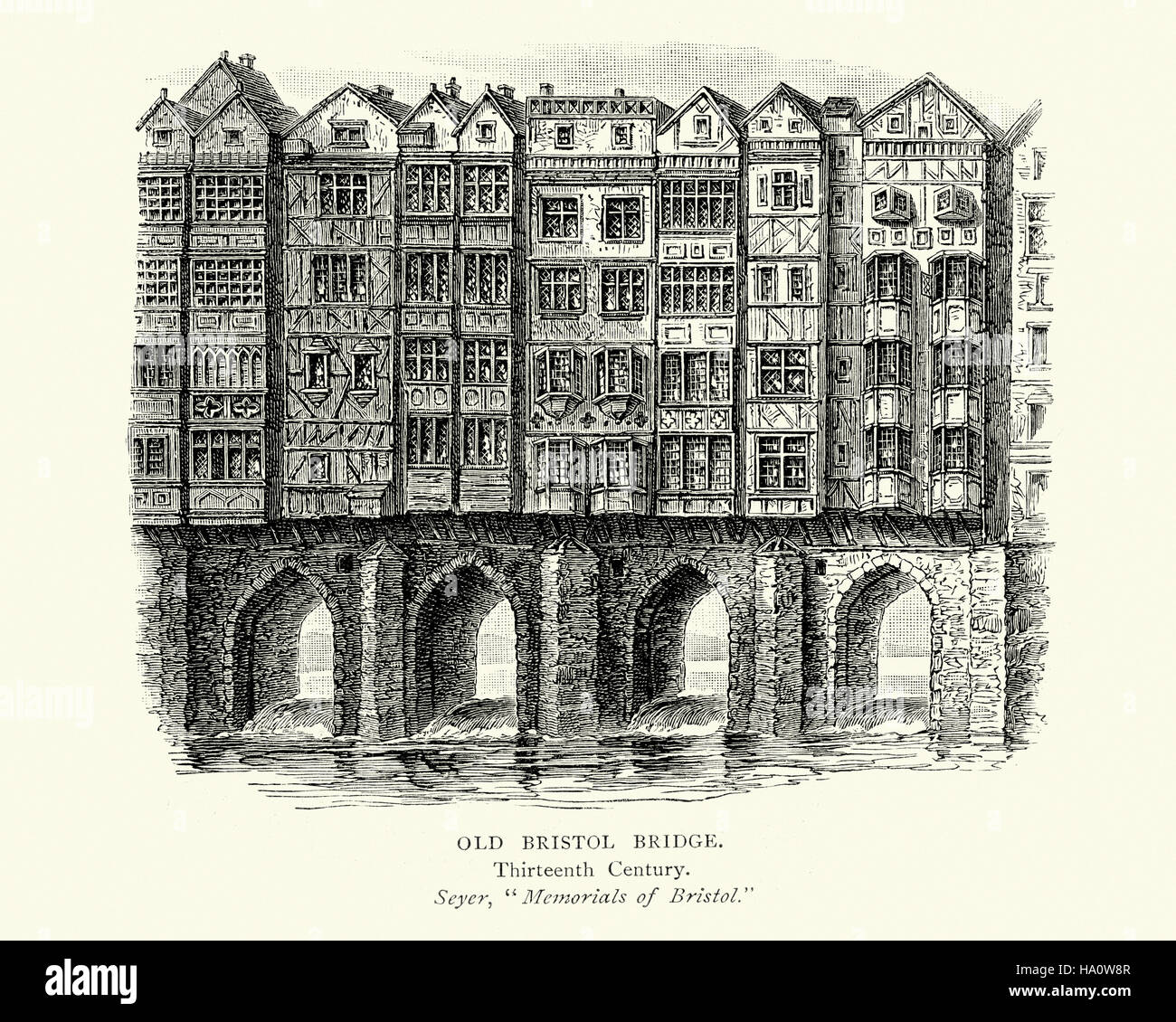 Old Bristol Bridge with bridge houses were five stories high, including ...