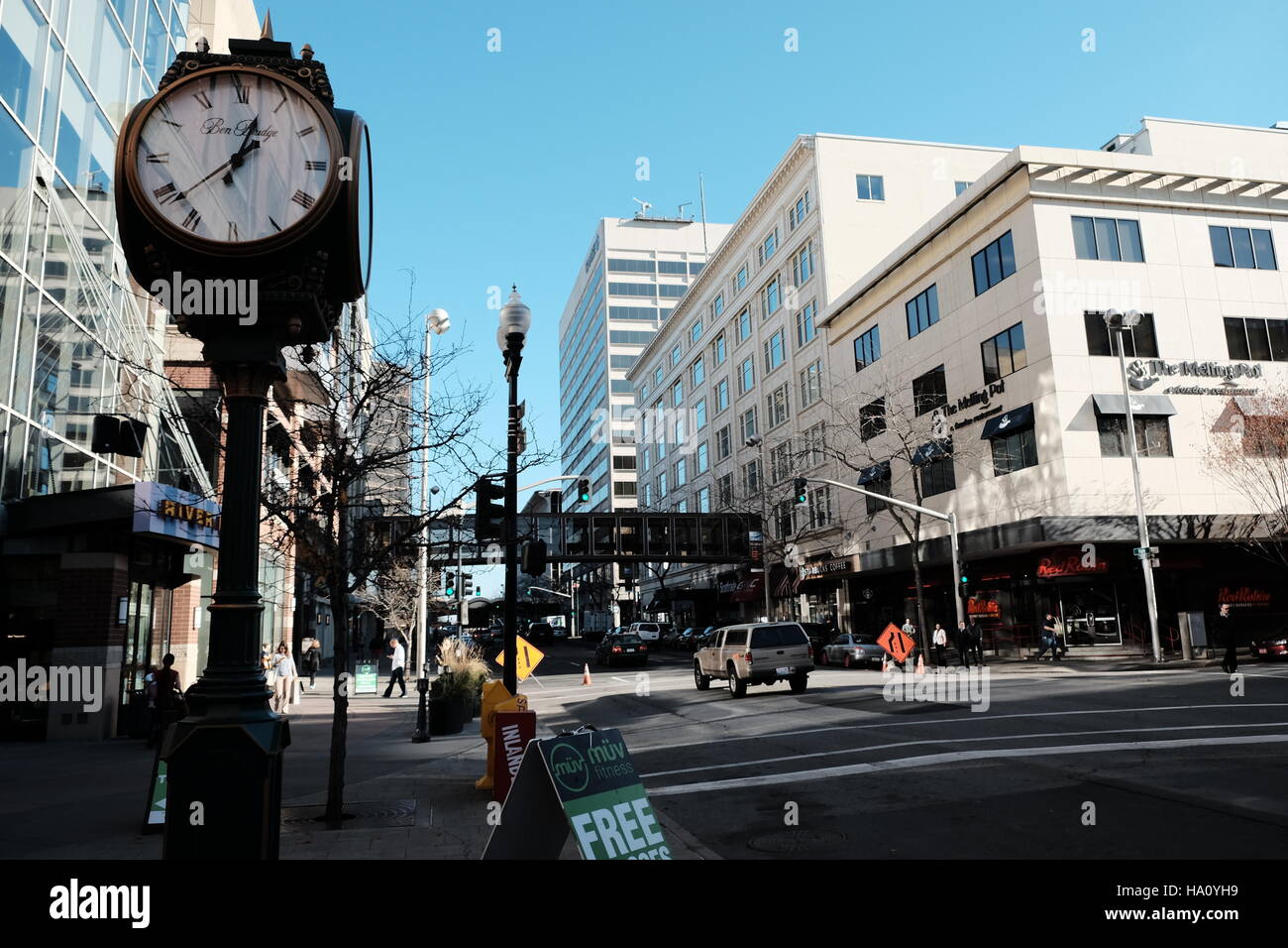 Clock and street view of Downtown Spokane USA, WA Stock Photo - Alamy