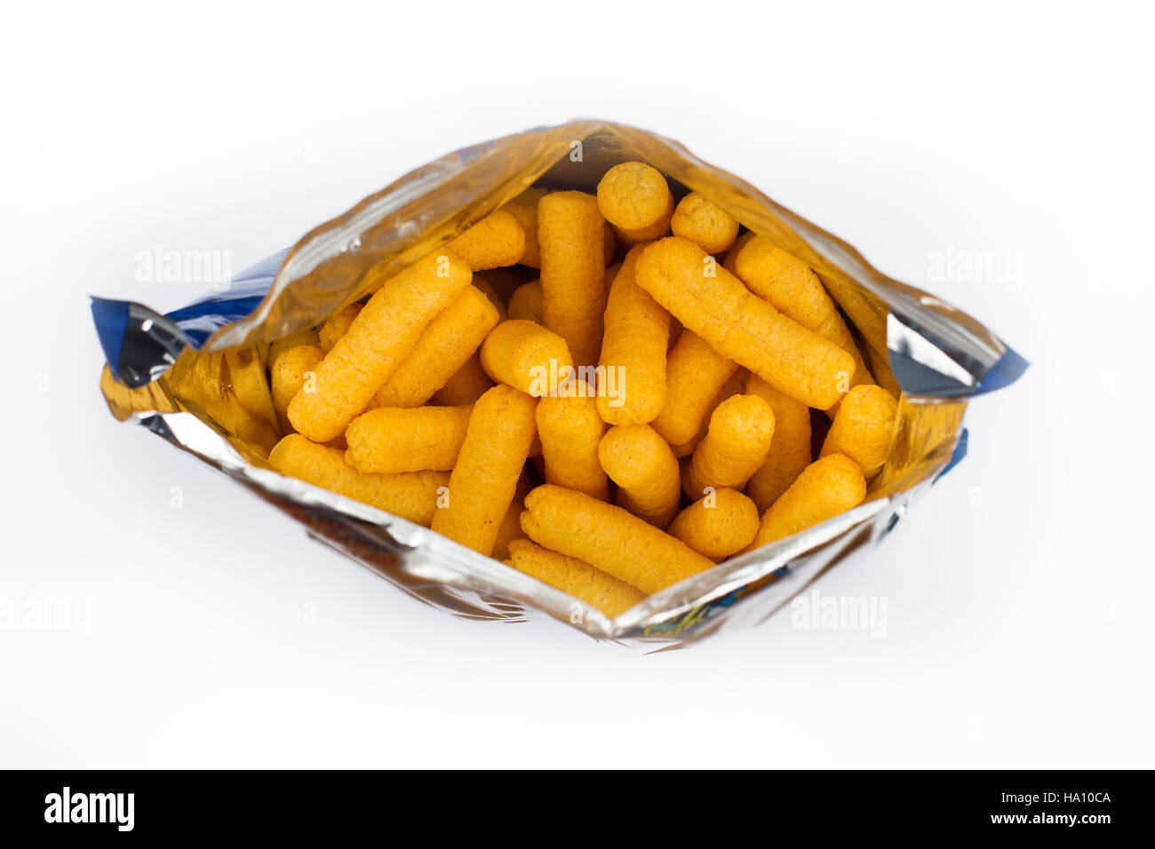 top view of open corn puff snacks open bag packaging isolated on white ...