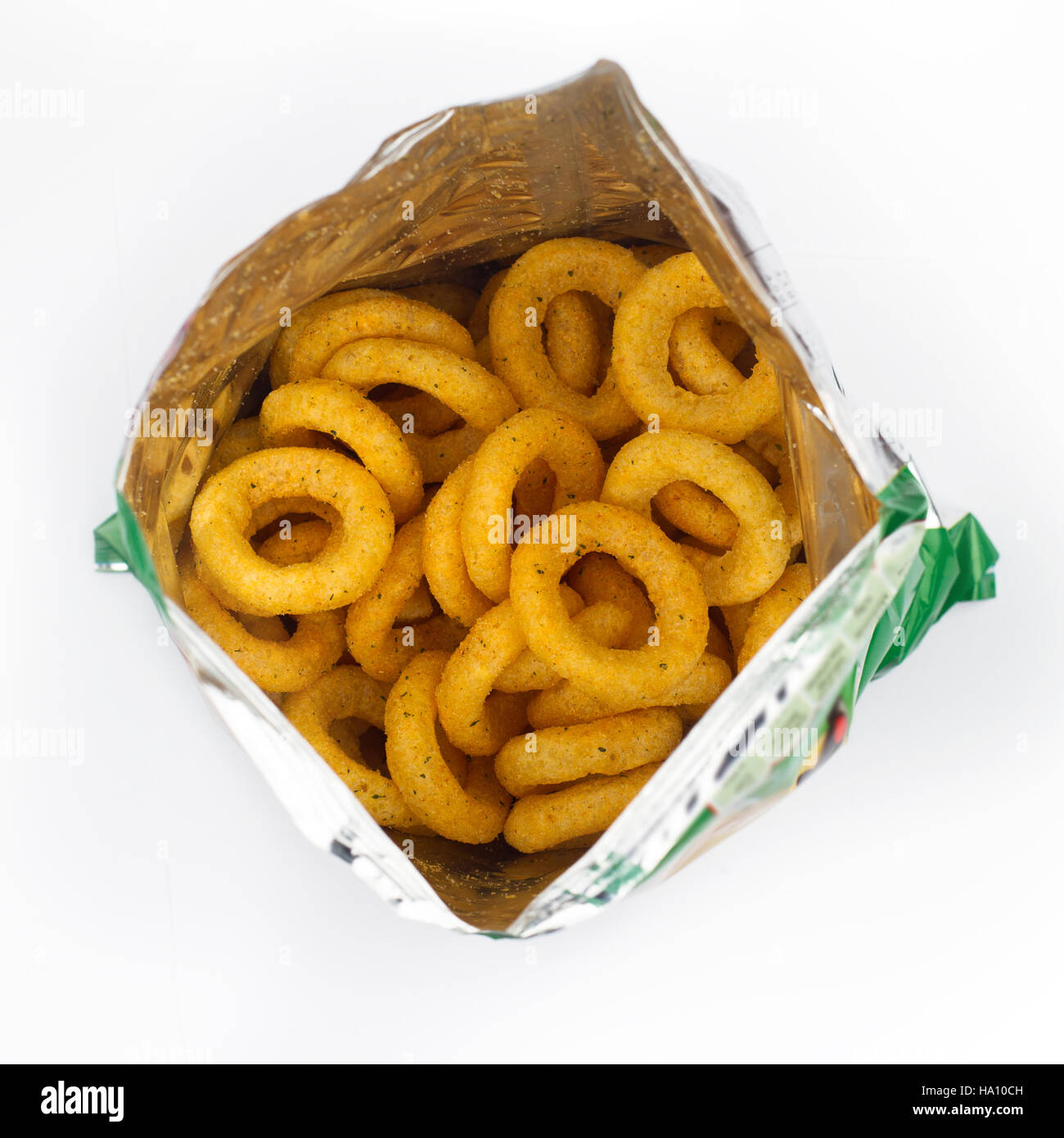 top view of open round potato snacks open bag packaging isolated on ...