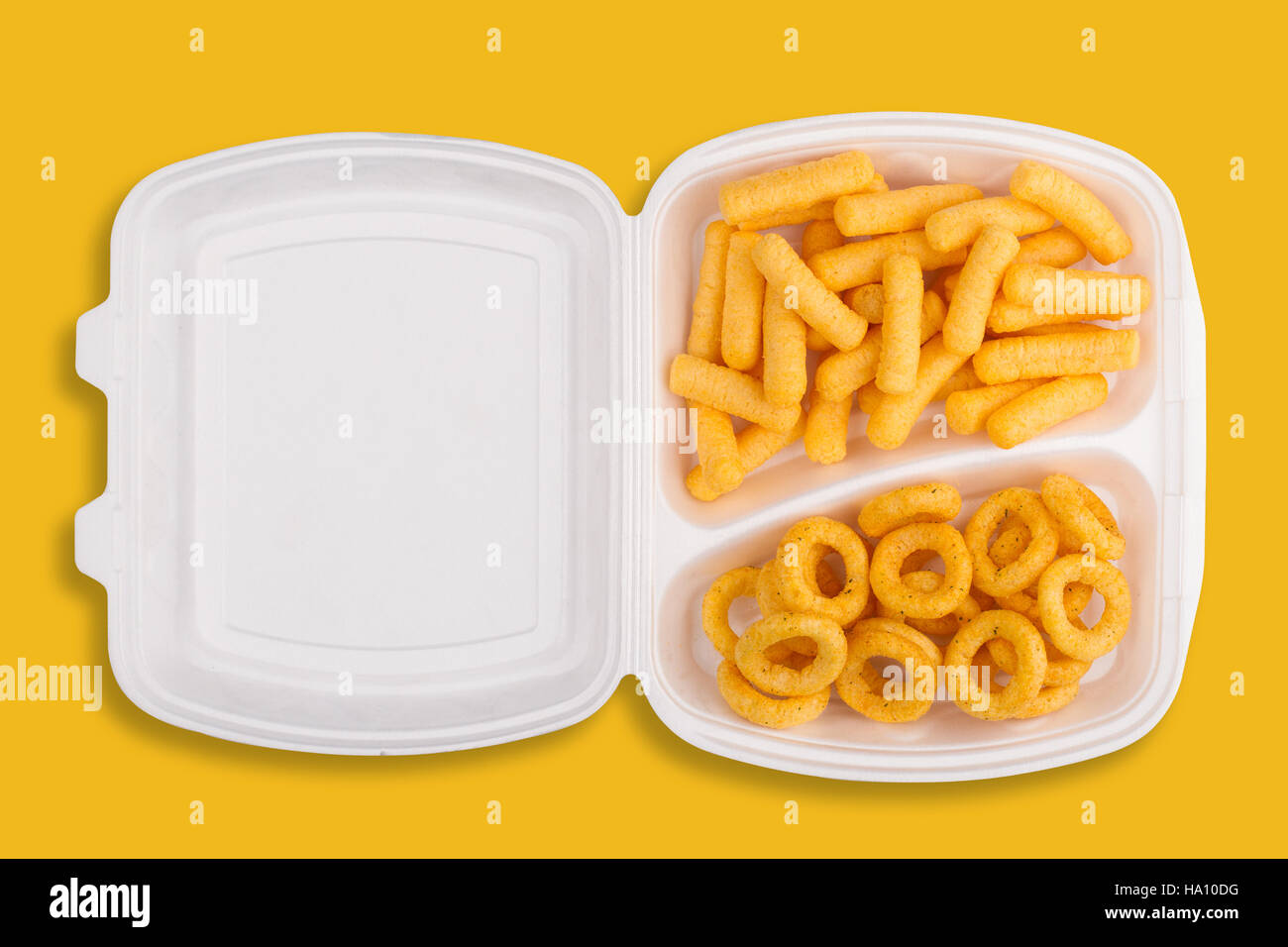 top view of junk food ingredients in a white take away packaging box on ...