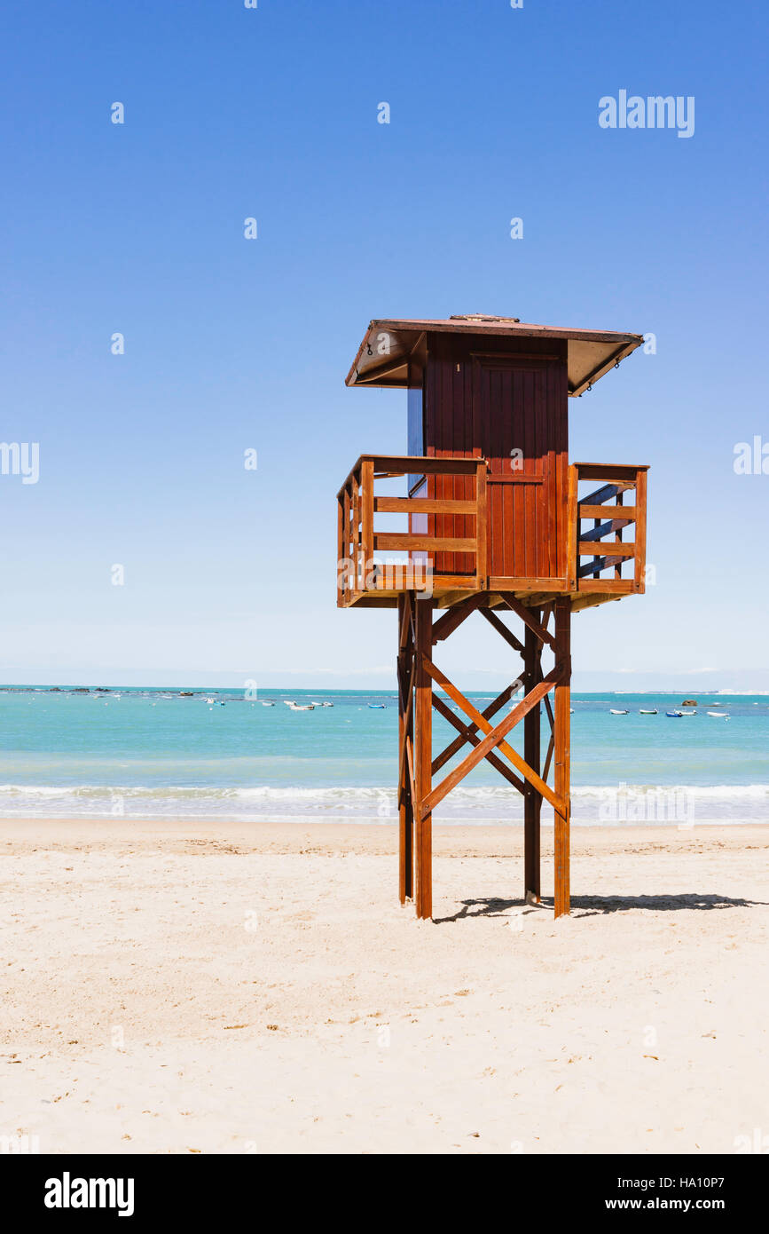 Wooden lifeguard platform on La Caleta beach, Cadiz, Andalusia, Spain ...