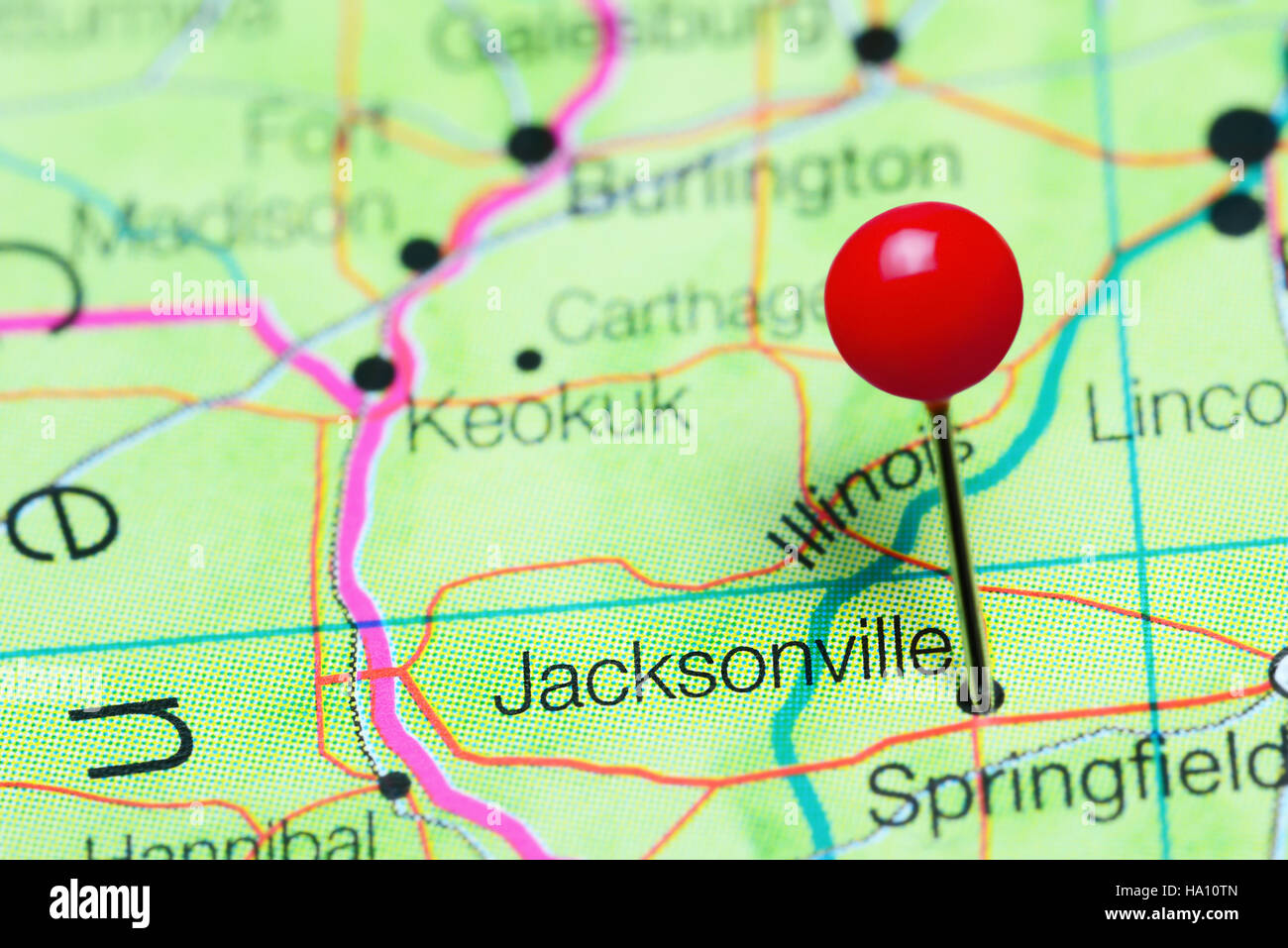 Jacksonville pinned on a map of Illinois, USA Stock Photo - Alamy