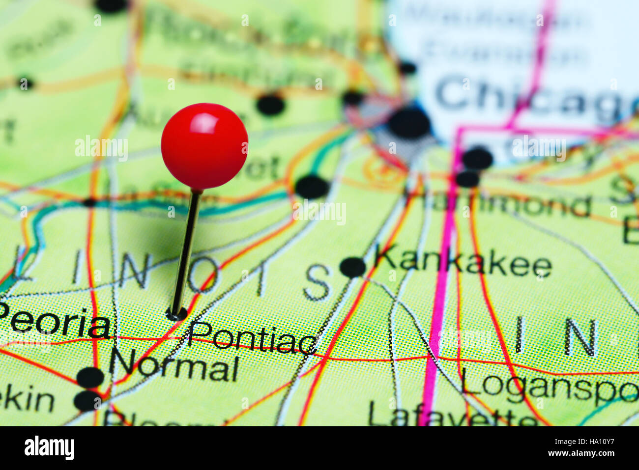 Pontiac pinned on a map of Illinois, USA Stock Photo - Alamy