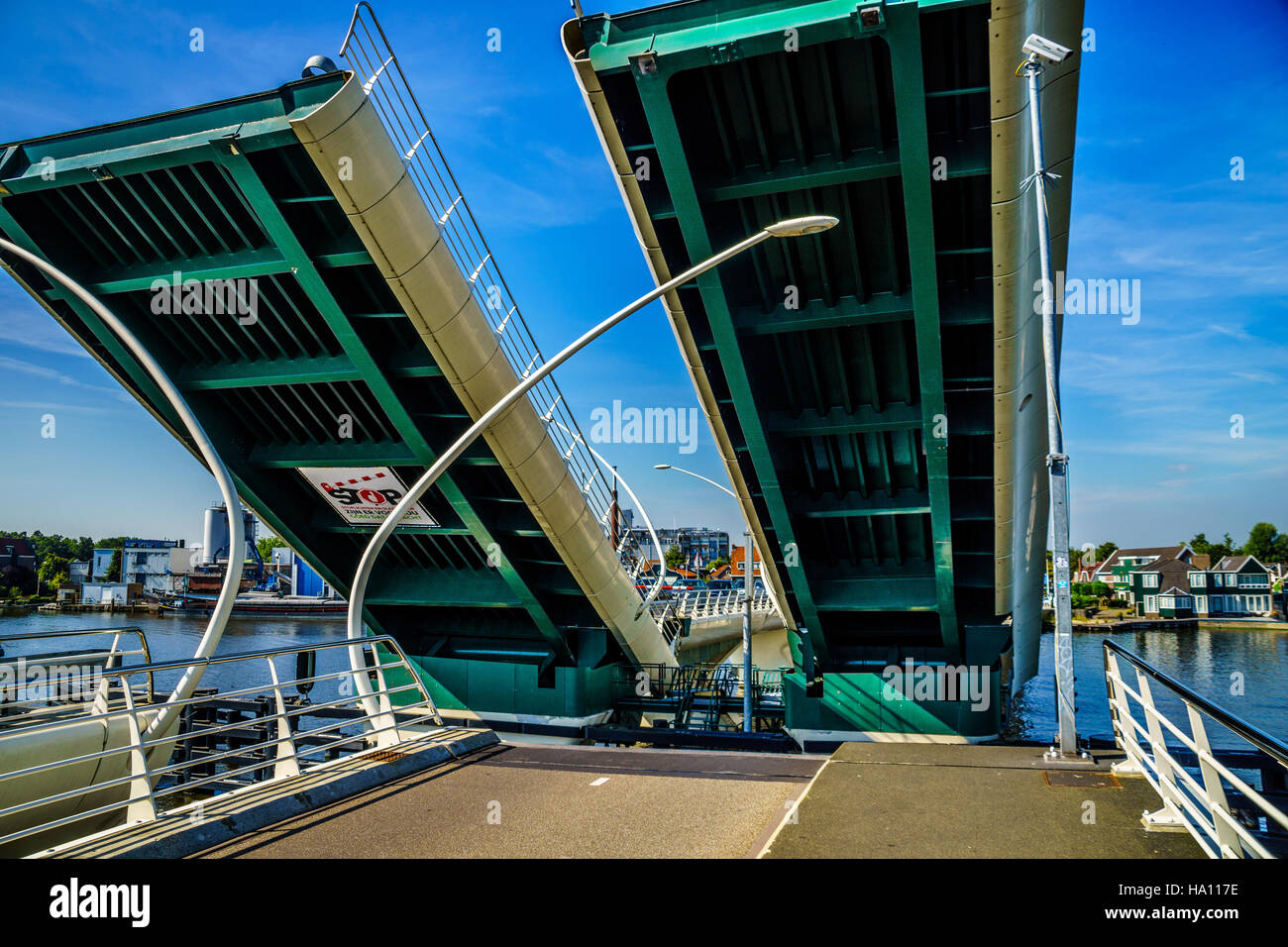 Modern Draw Bridge being opened at Zaandijk over the Zaan River in the ...