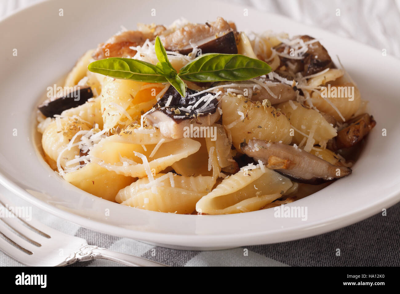 Italian cuisine: Conchiglie with porcini mushrooms and parmesan close ...