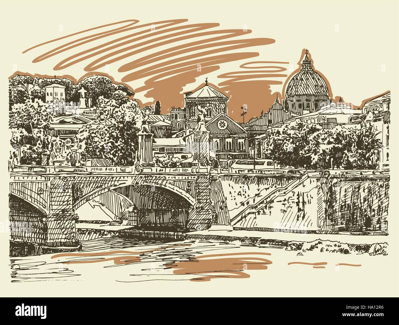 original sketch drawing Rome Italy cityscape, type of bridge Stock ...