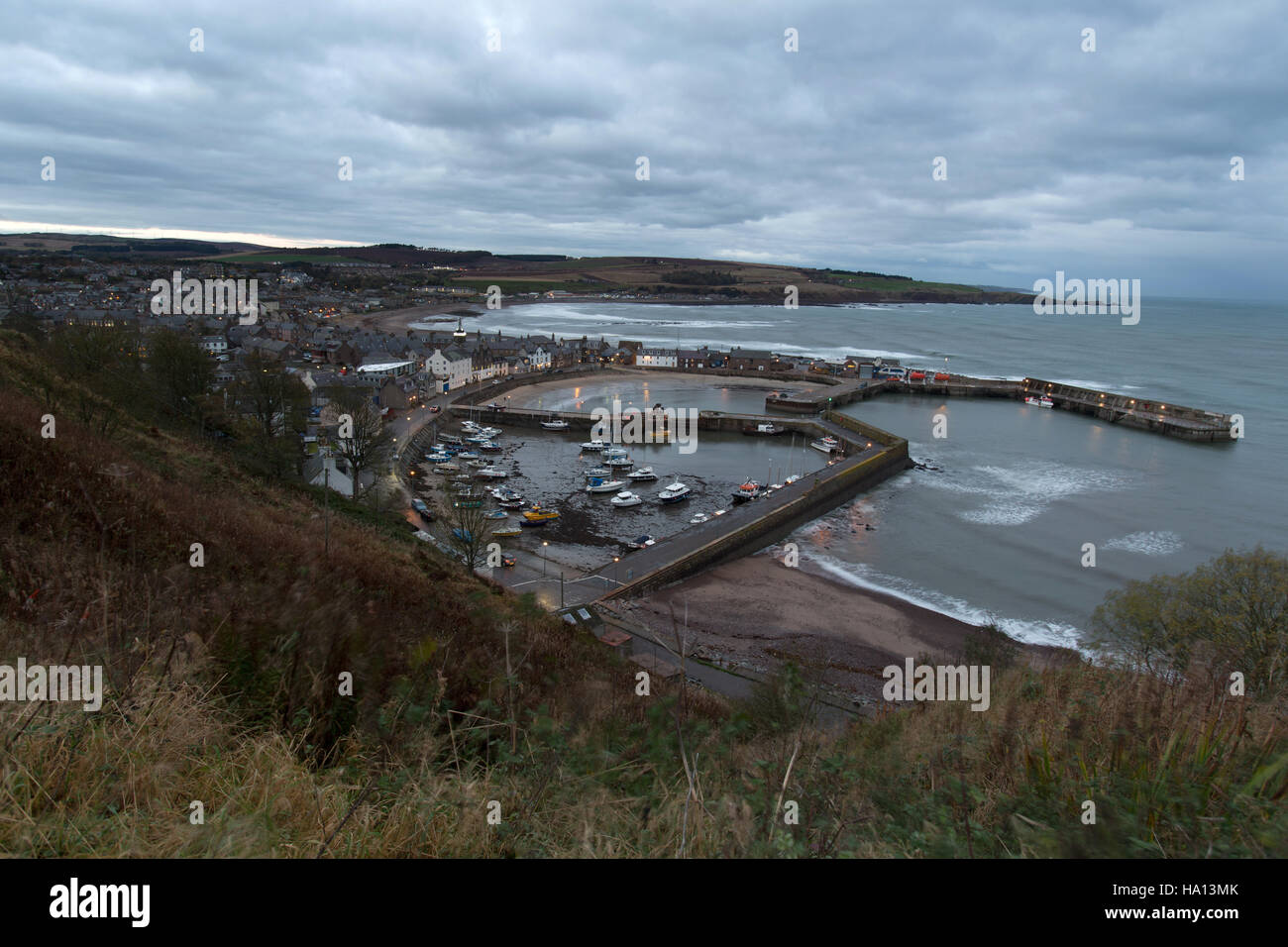 Town of Stonehaven, Scotland. Elevated dusk view of Stonehaven Harbour ...