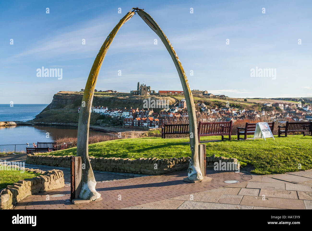 An elevated view of the harbour and east cliffs of Whitby,North ...