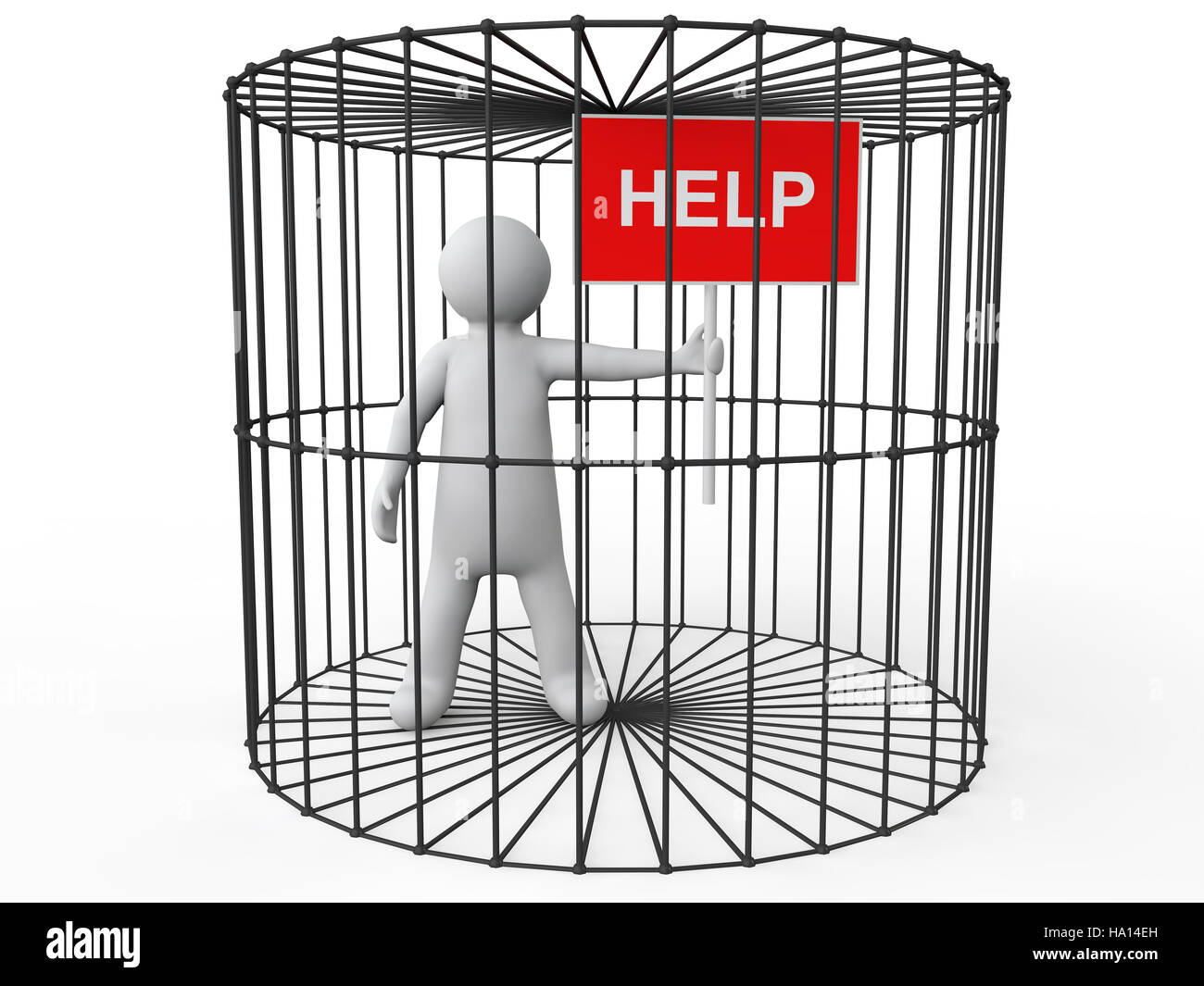 3d man in cage asking for help Stock Photo - Alamy