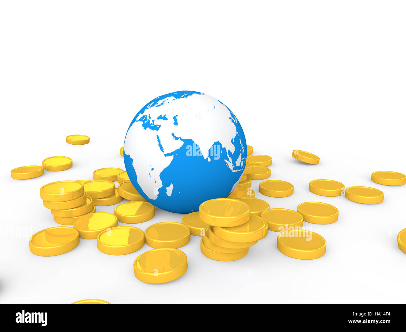 3d earth on golden coins Stock Photo - Alamy