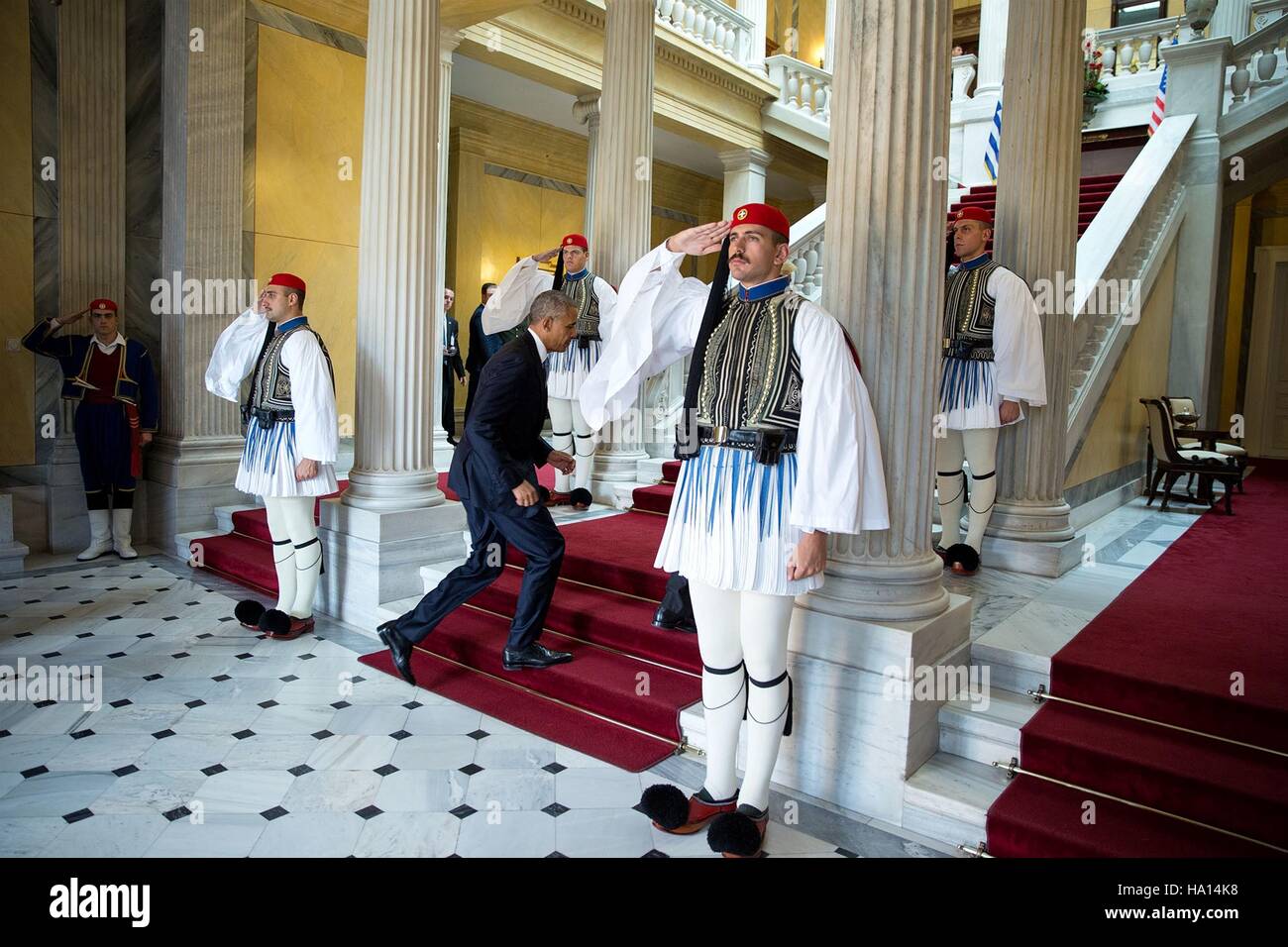 Greek Evzones guards stand at attention and salute U.S. President ...