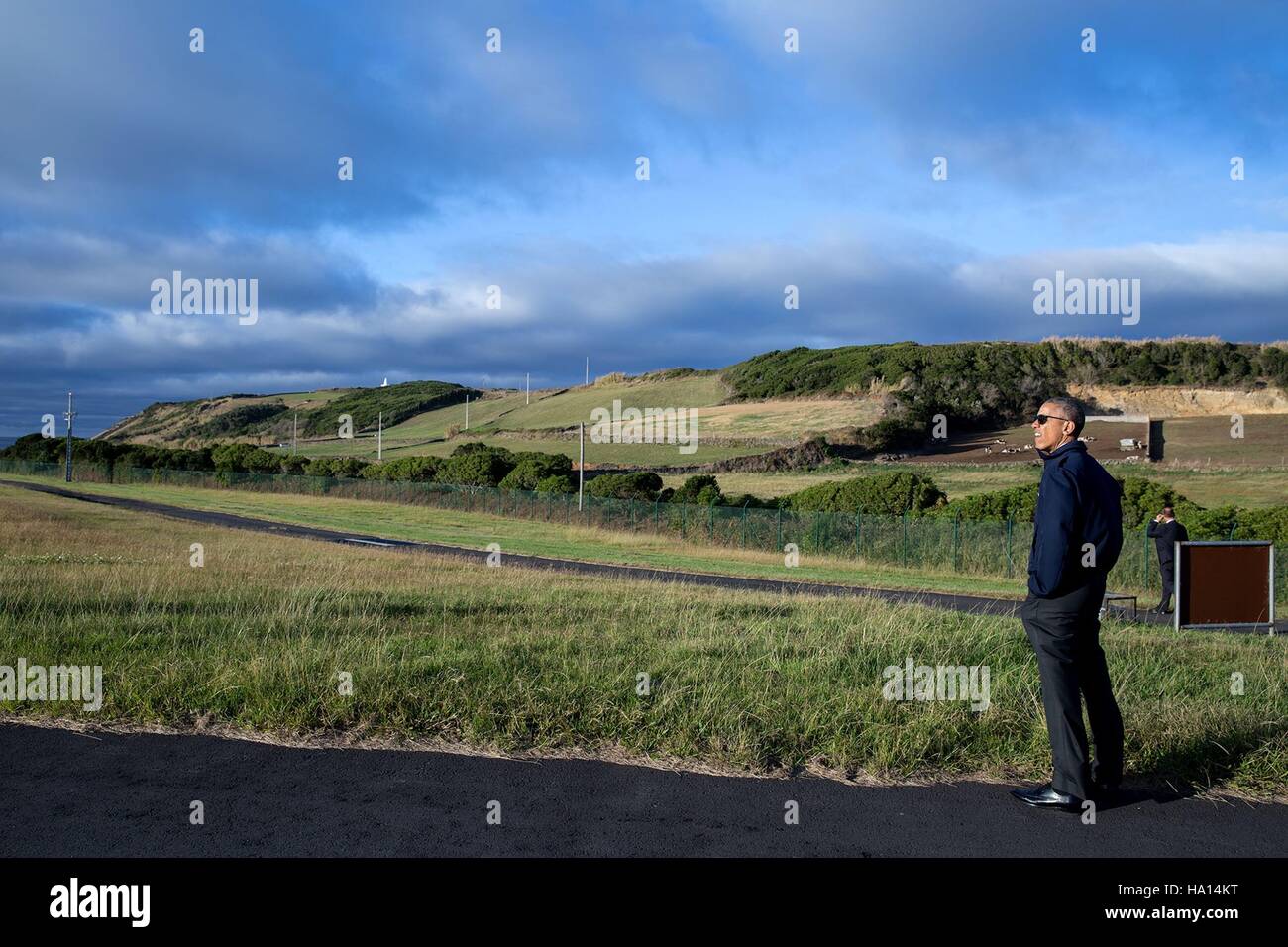 U.S. President Barack Obama surveys the landscape at the Lajes Air Base ...