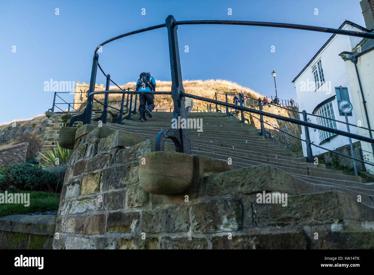 A close up view of the 199 steps up to Whitby Abbey and church on the ...