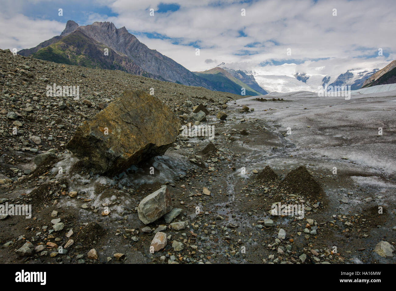 The medial moraine on the Root Glacier in Alaska showcases the ...