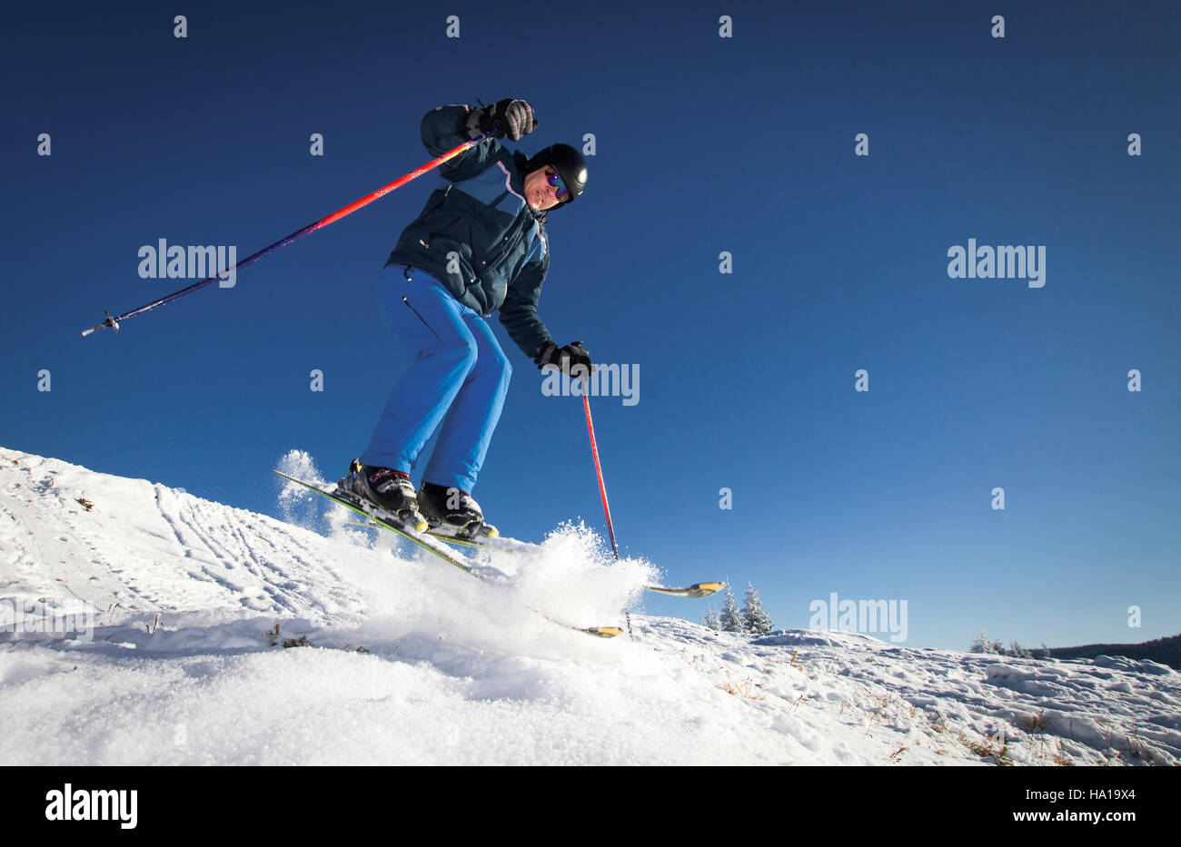 man practicing extreme ski on sunny day Stock Photo - Alamy