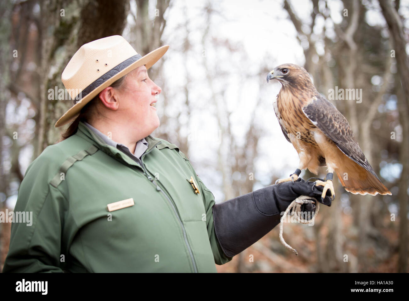 A park ranger poses with a companion in a national park, emphasizing ...