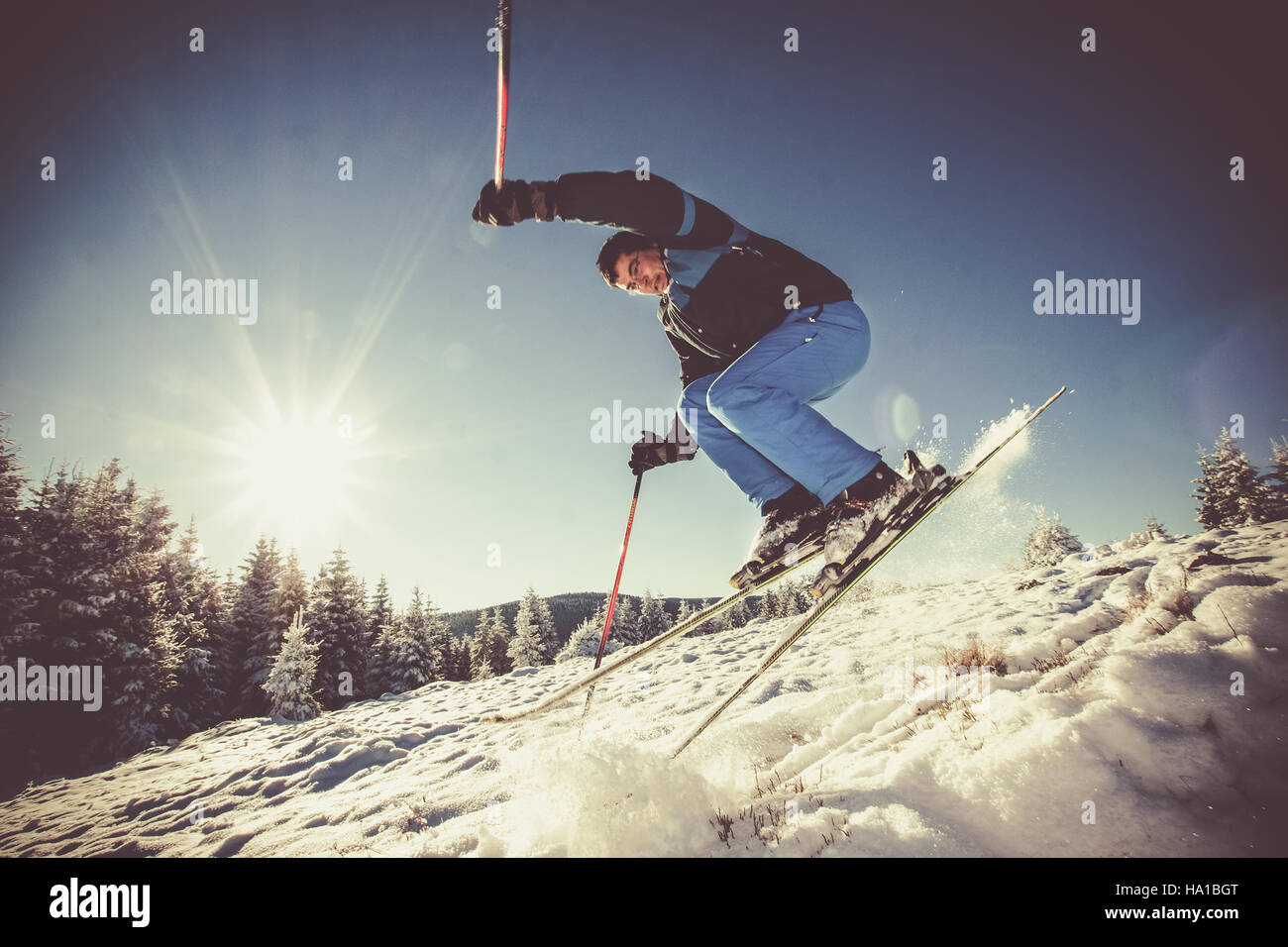 man practicing extreme ski on sunny day Stock Photo - Alamy