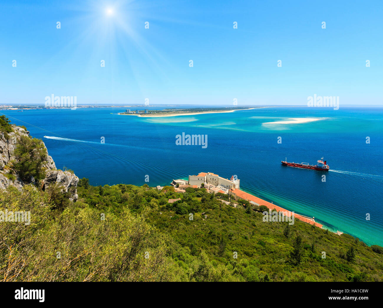 Summer sunshiny sea coast landscape. Top view from Nature Park Arrabida ...