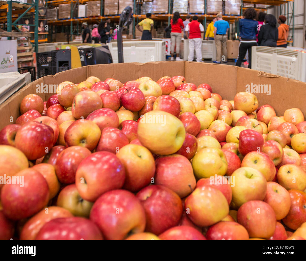 This image shows a USDA donation center, with food items like apples ...