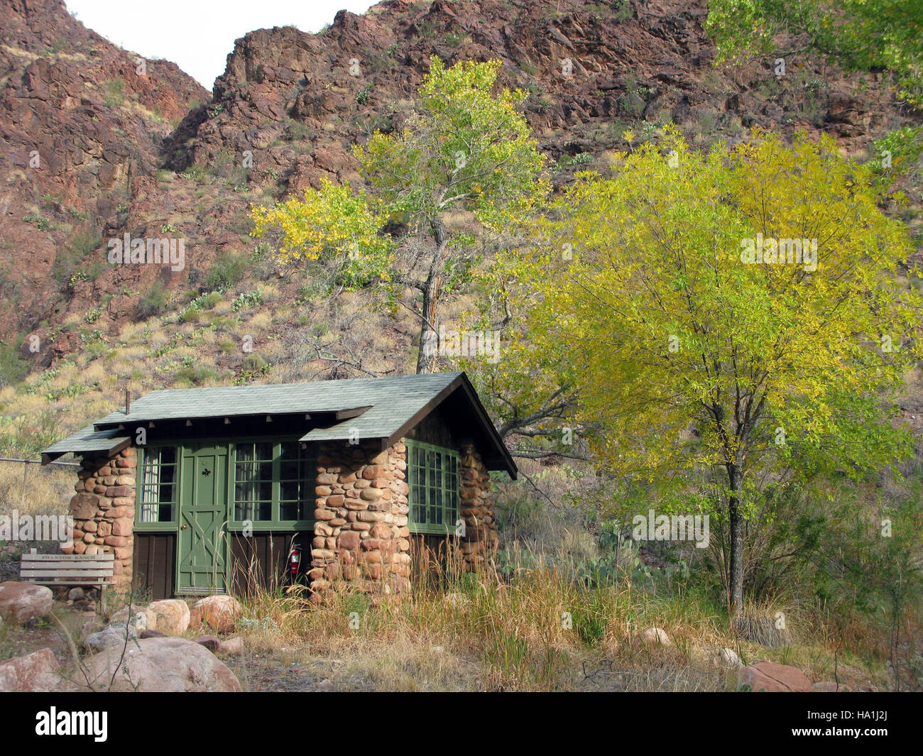 The image shows Phantom Ranch Cabin, located in the Grand Canyon, an ...