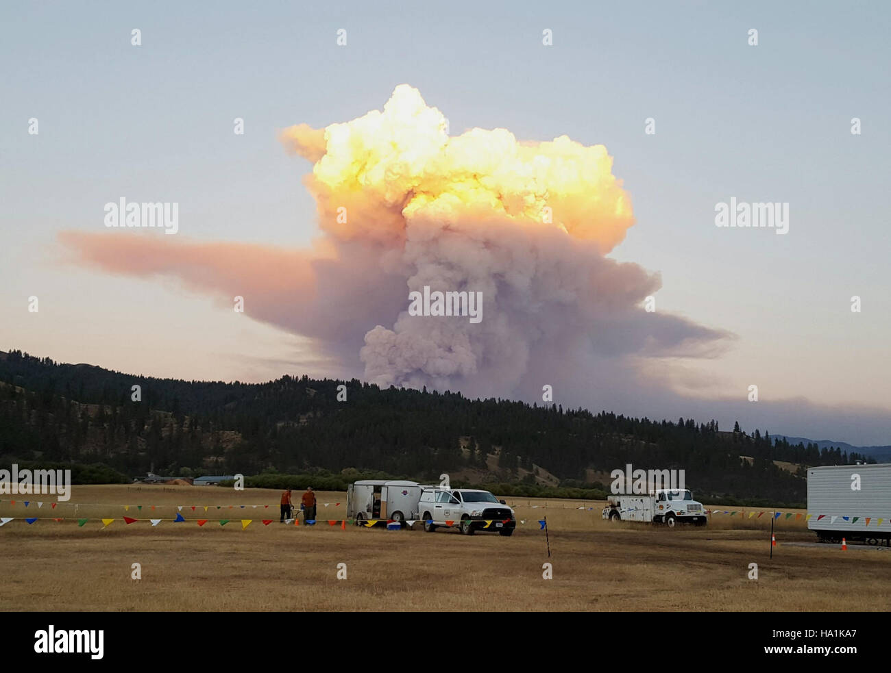 This image shows the response to a wildfire, focusing on firefighting ...