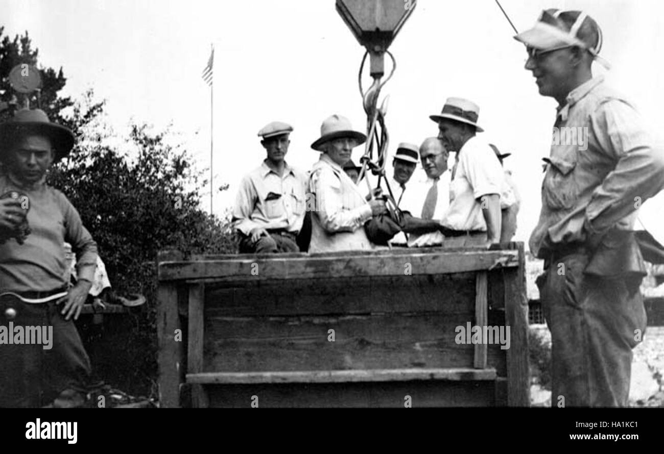 This historical image captures architect Mary Colter riding a tramway ...
