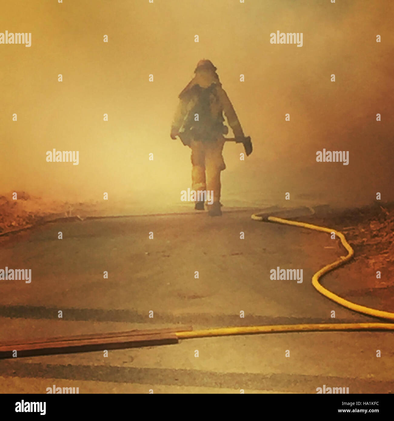 This image captures a firefighter battling a wildfire, showcasing the ...