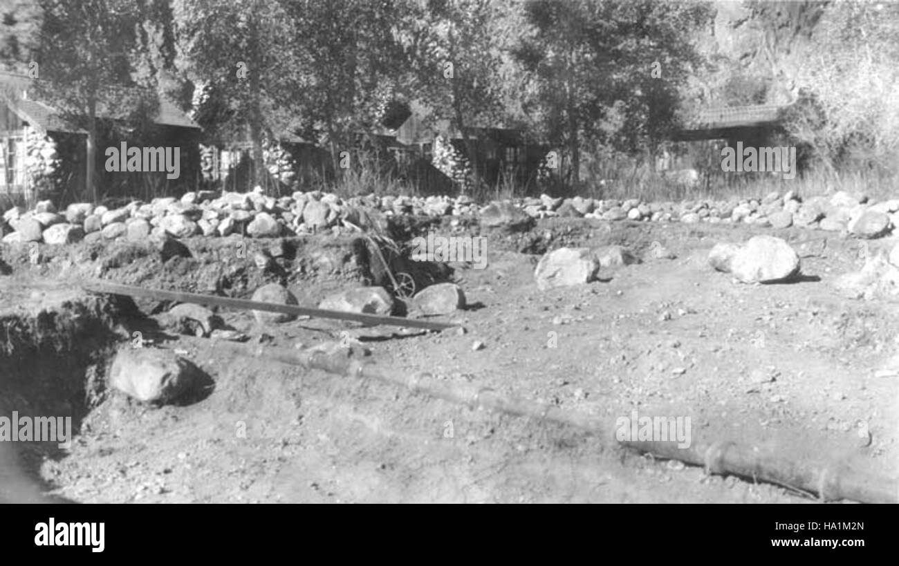 A historical photograph from the construction of the Phantom Ranch ...