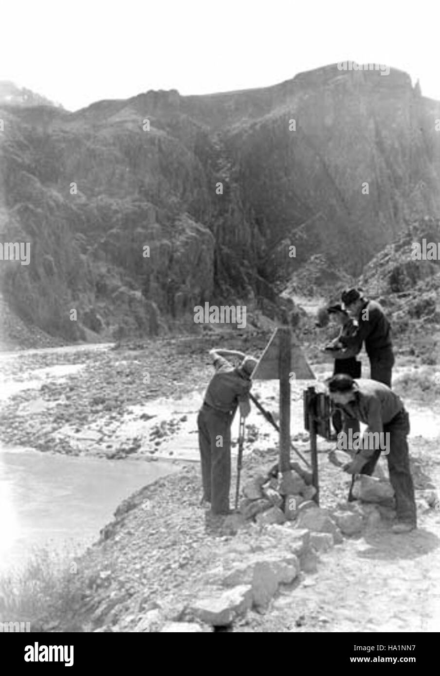 This historic image from 1935 captures CCC surveyors at Phantom Ranch ...