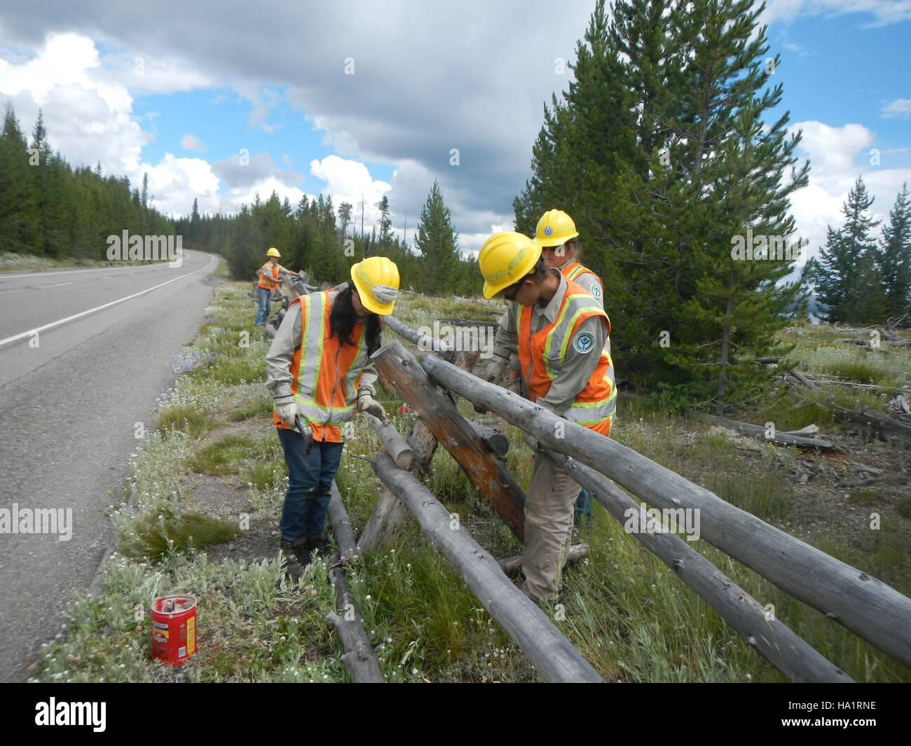 A Youth Conservation Corps (YCC) group works on a fence installation ...