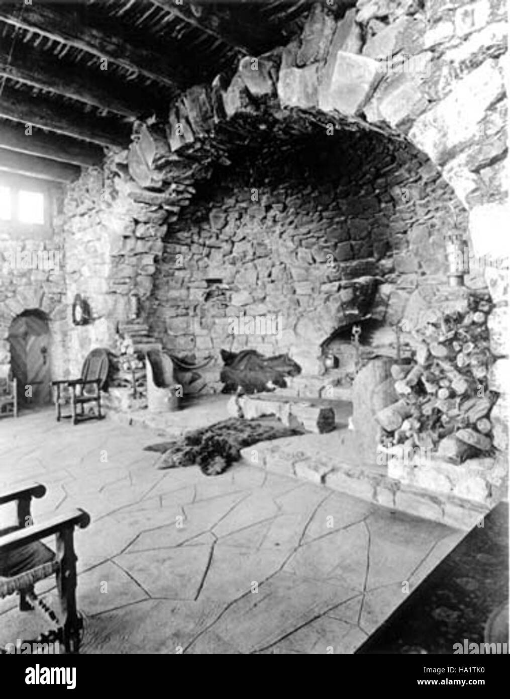 A historical interior photograph of Hermits Rest at the Grand Canyon ...