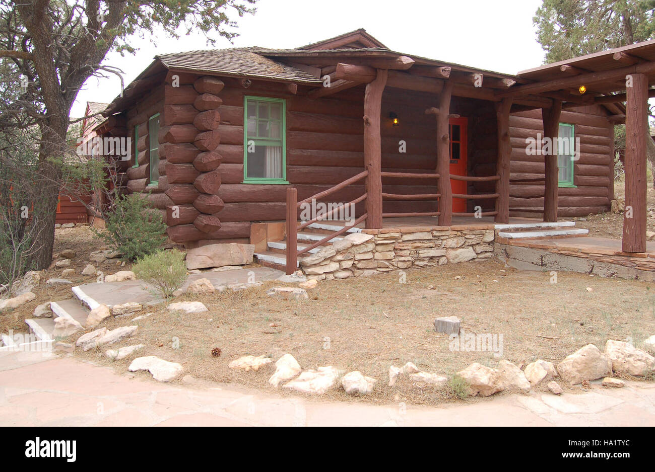 This image features the iconic Bright Angel Lodge in Grand Canyon ...
