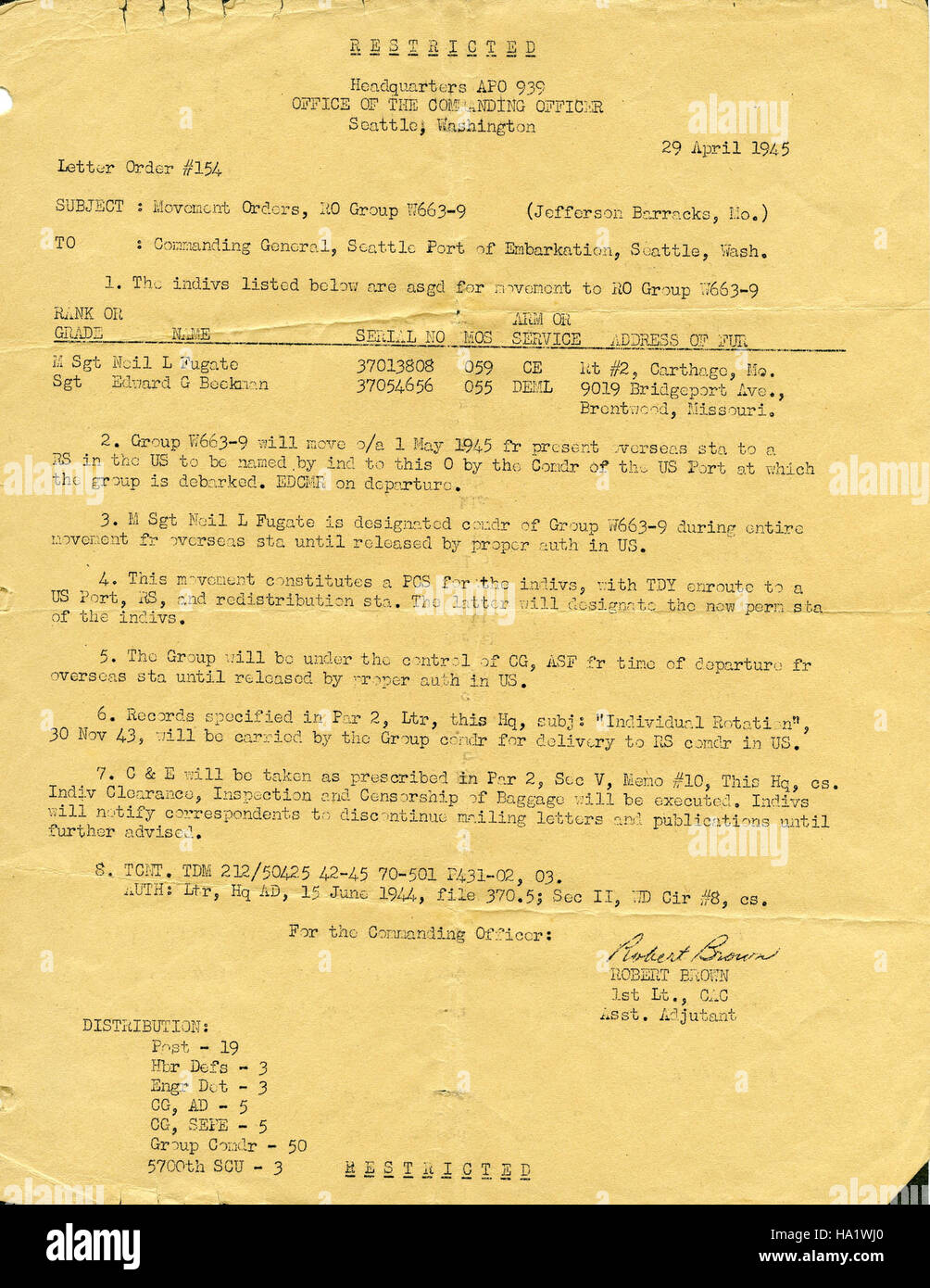 alaskanps 25109484609 Fugate movement orders 1945 Stock Photo - Alamy