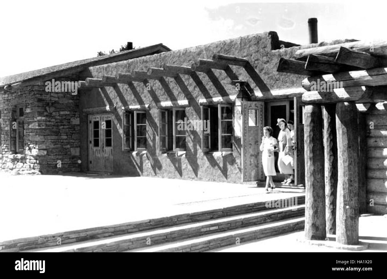 This historic photo shows the exterior of the Bright Angel Lodge at the ...