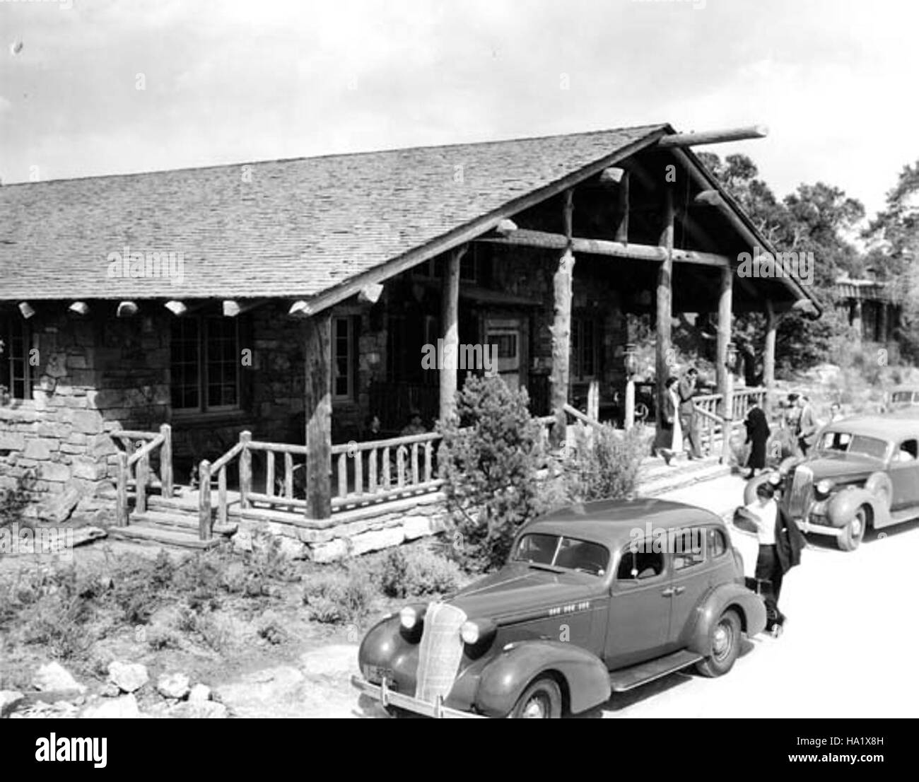 The image shows the historic exterior of the Bright Angel Lodge at the ...