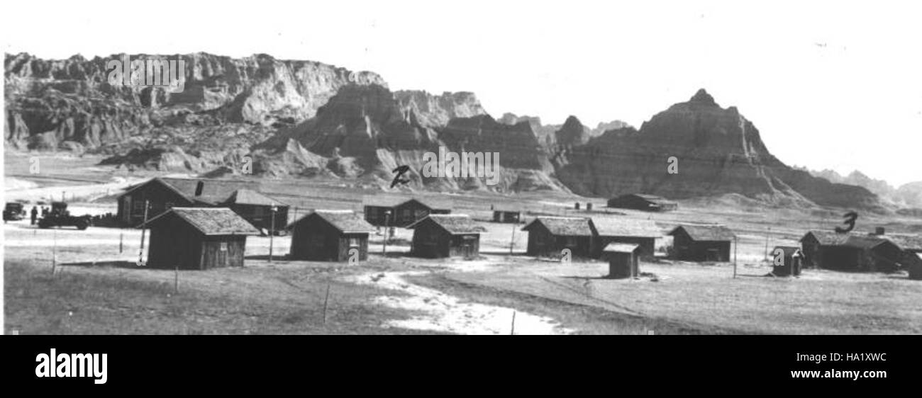 The historic cabins and dance hall at Badlands National Park provide ...