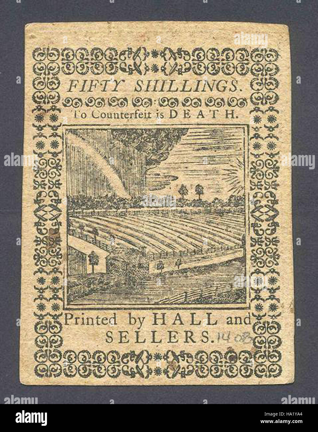 The image shows a historic Pennsylvania currency note for 50 shillings ...