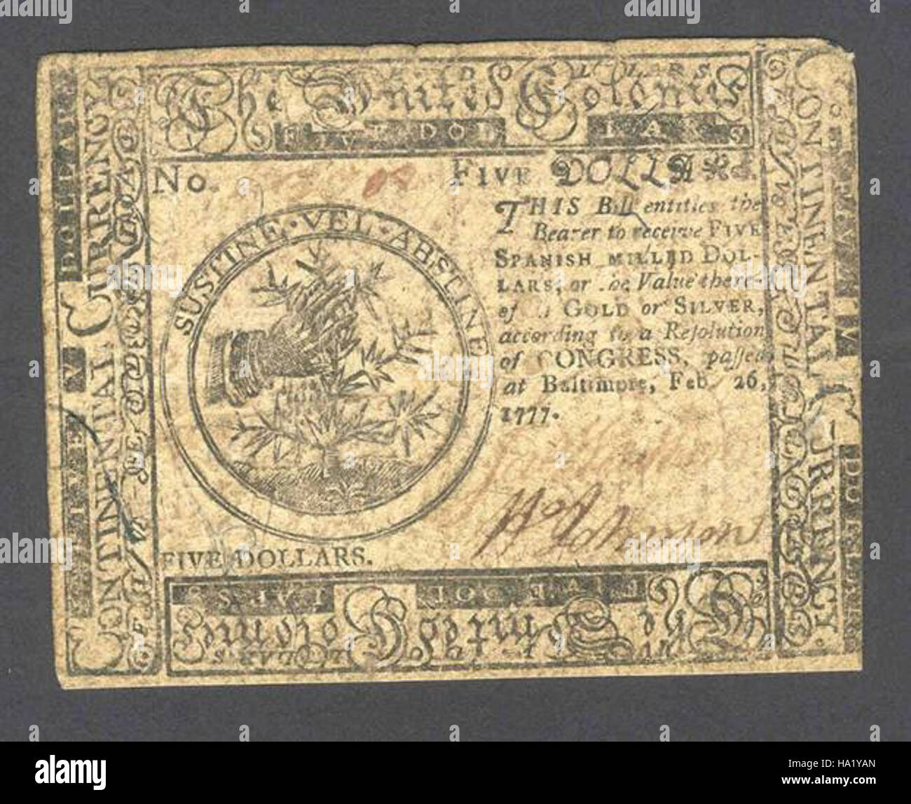 This artifact, a 5-dollar Continental Currency note, represents the ...