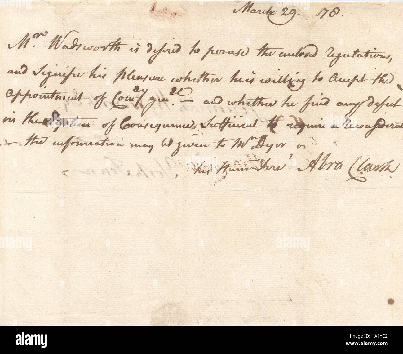 A historical letter from Abraham Clark to Colonel Jeremiah Wadsworth is ...