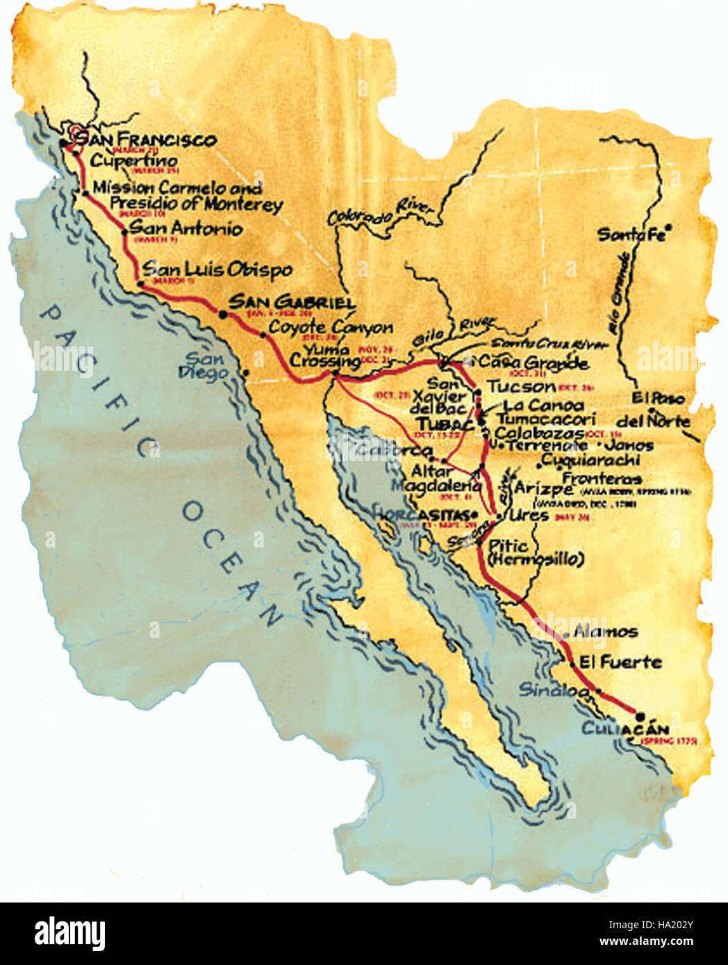 The 1775-76 Anza Expedition Route marks the path taken by Juan Bautista ...