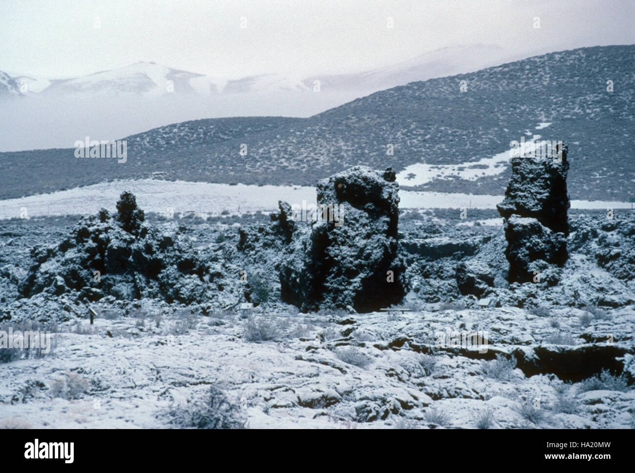 Monoliths covered in snow at Craters of the Moon National Monument ...